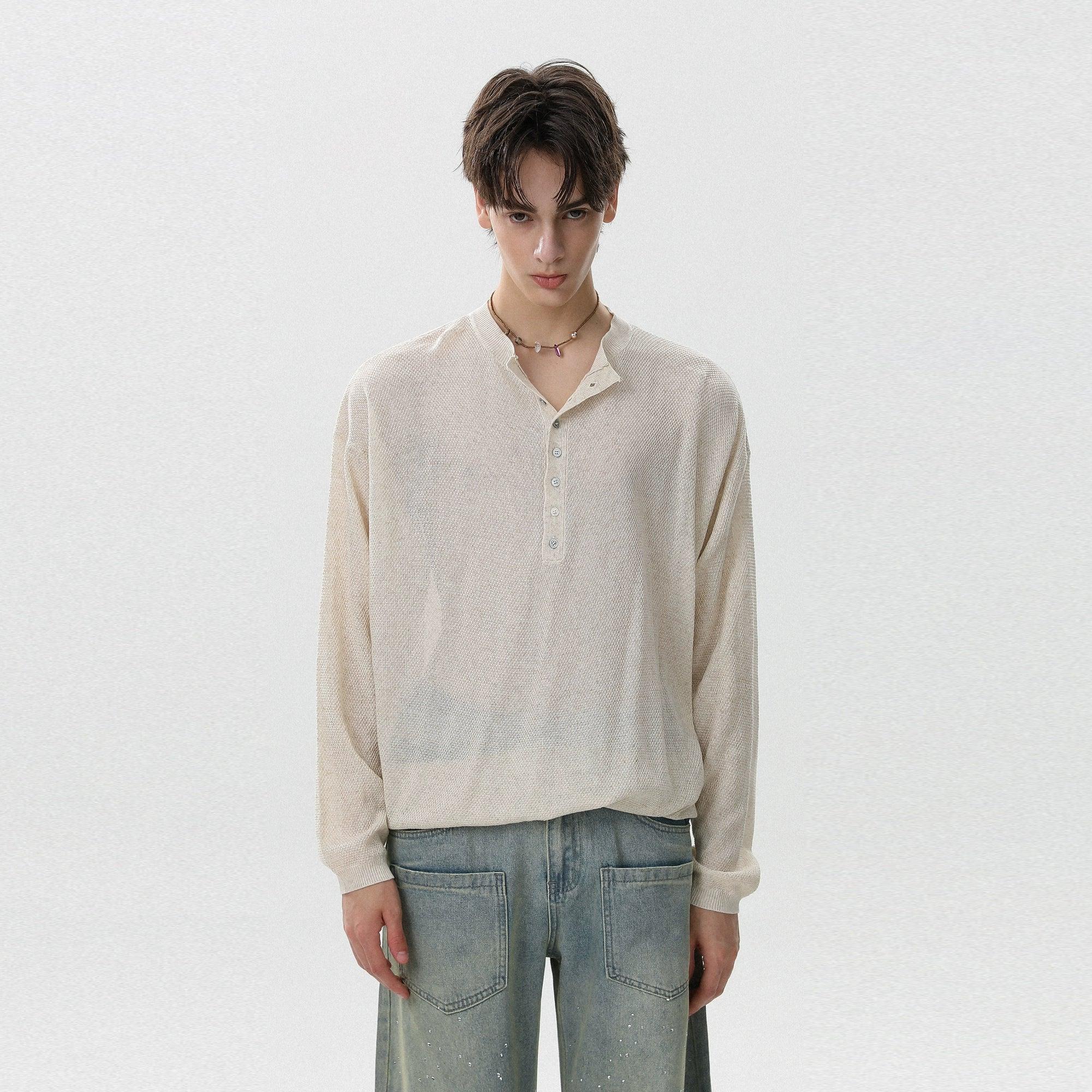 Thin Sheer Henley Collar Sweater