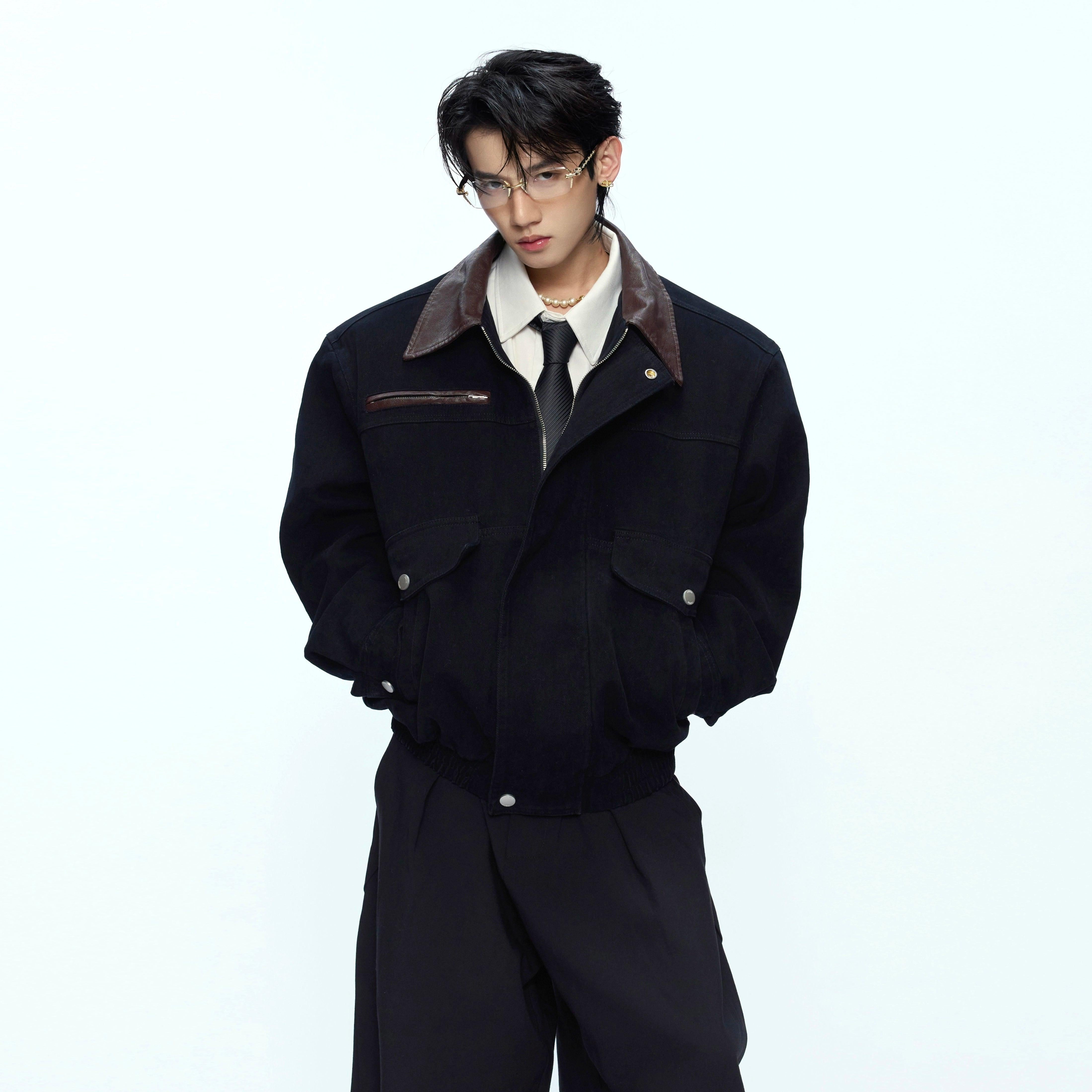 Faux Leather Collar Denim Jacket