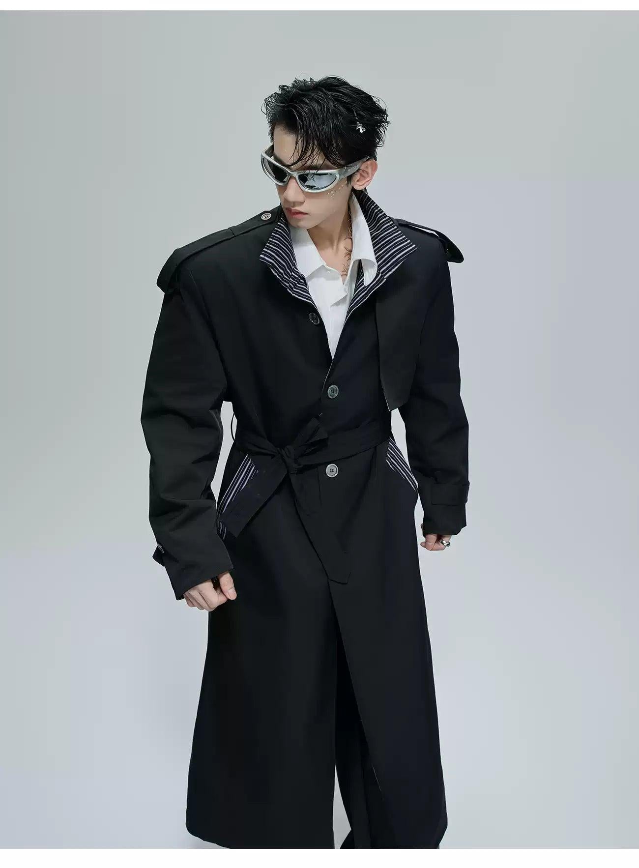 Striped Lining Belted Overcoat