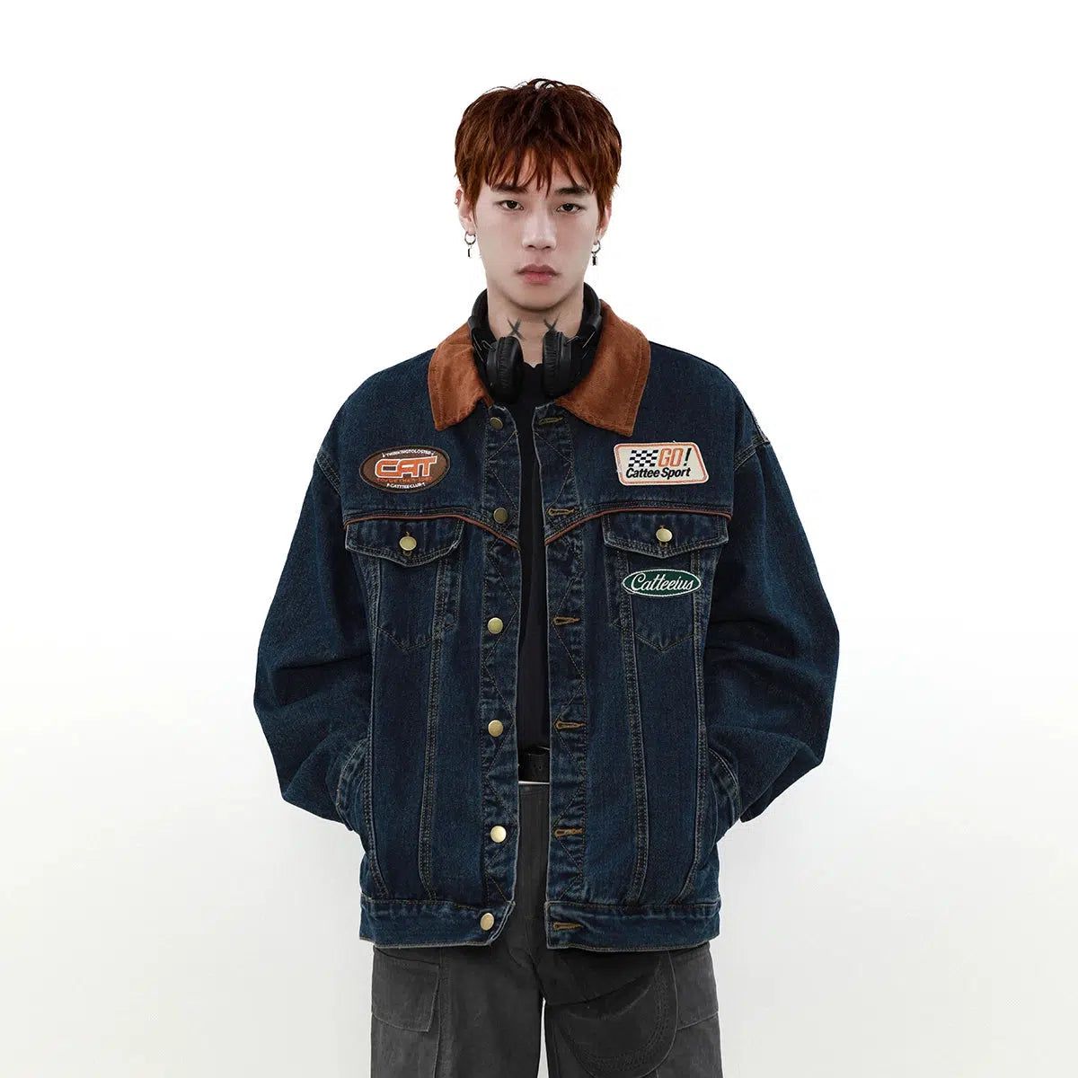 Contrast Washed Logo Embroidery Denim Jacket