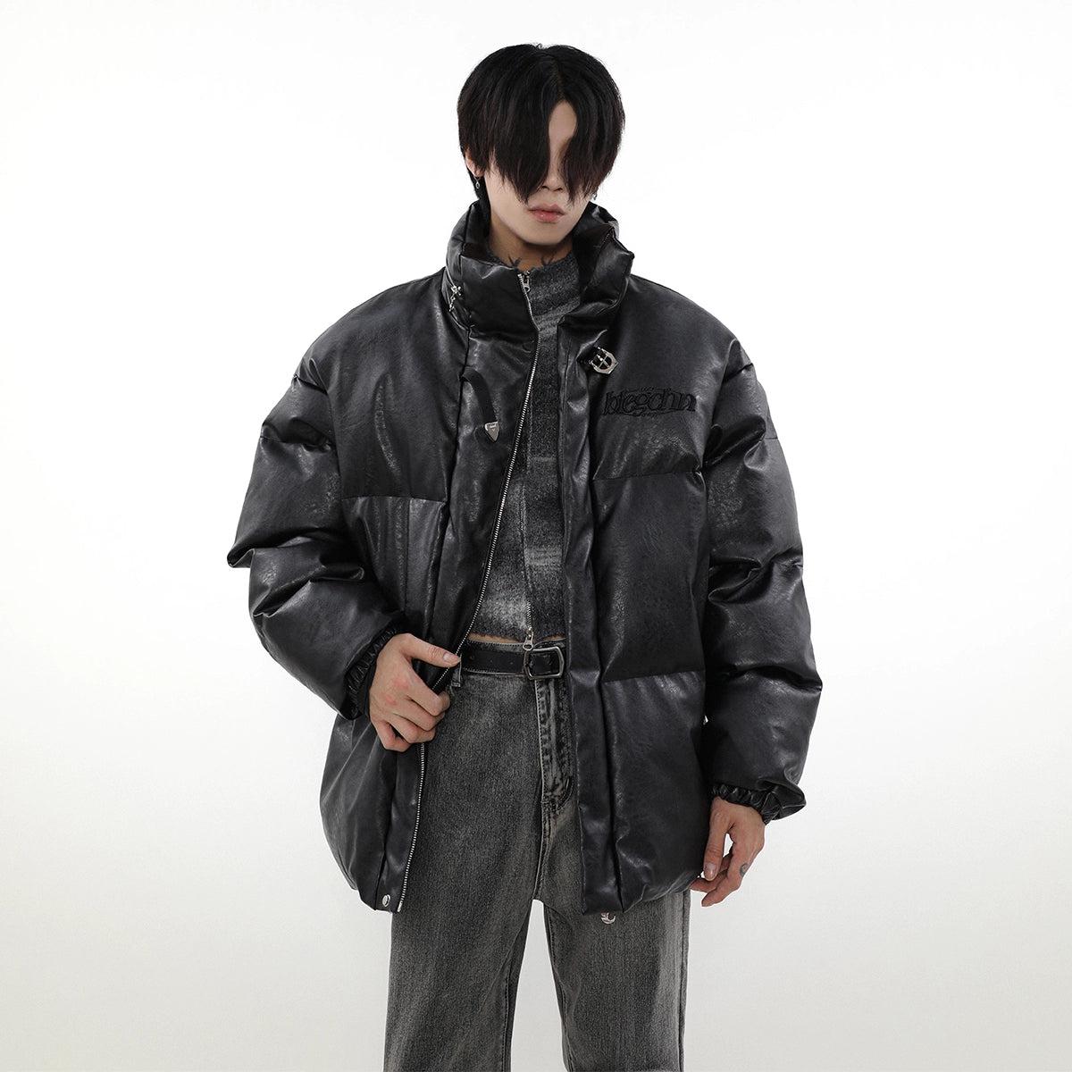 Stand Collar Puff PU Leather Jacket